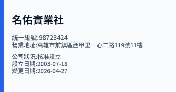 名佑實業社的照片-統編 98723424(高雄市) 公司登記資料與營業項目詳細圖表