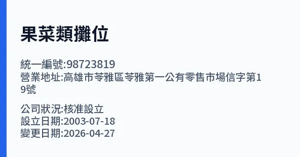 果菜類攤位的照片-統編 98723819(高雄市) 公司登記資料與營業項目詳細圖表