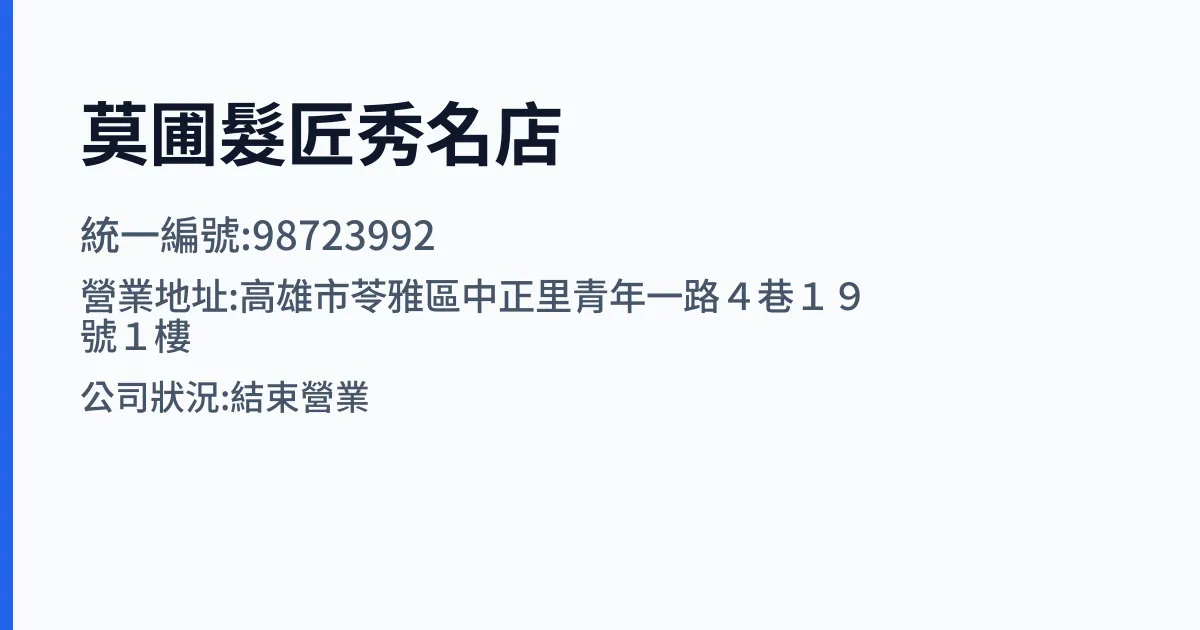 莫圃髮匠秀名店 - 統編 98723992(高雄市) 公司登記資料與營業項目詳細圖表