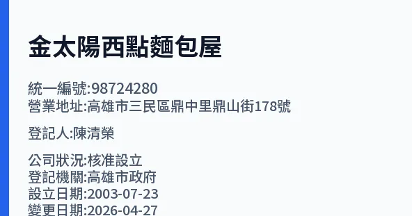 金太陽西點麵包屋的照片-統編 98724280(高雄市) 公司登記資料與營業項目詳細圖表