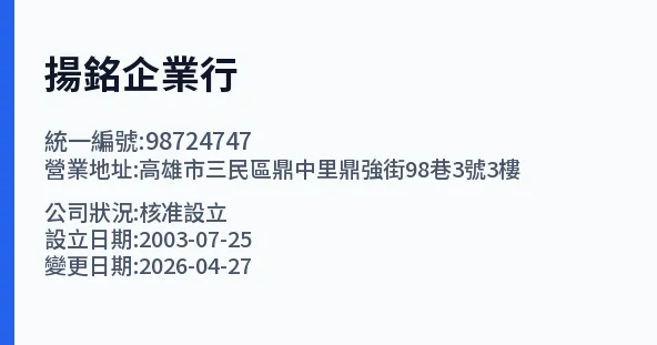 揚銘企業行的照片-統編 98724747(高雄市) 公司登記資料與營業項目詳細圖表