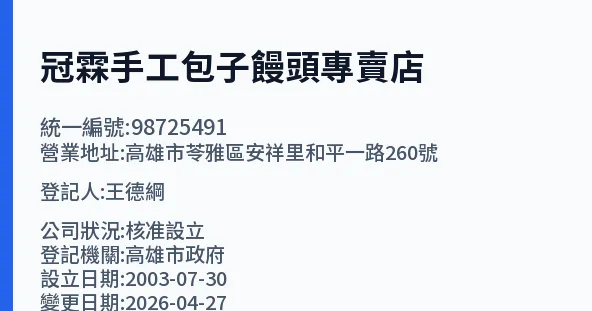 冠霖手工包子饅頭專賣店的照片-統編 98725491(高雄市) 公司登記資料與營業項目詳細圖表