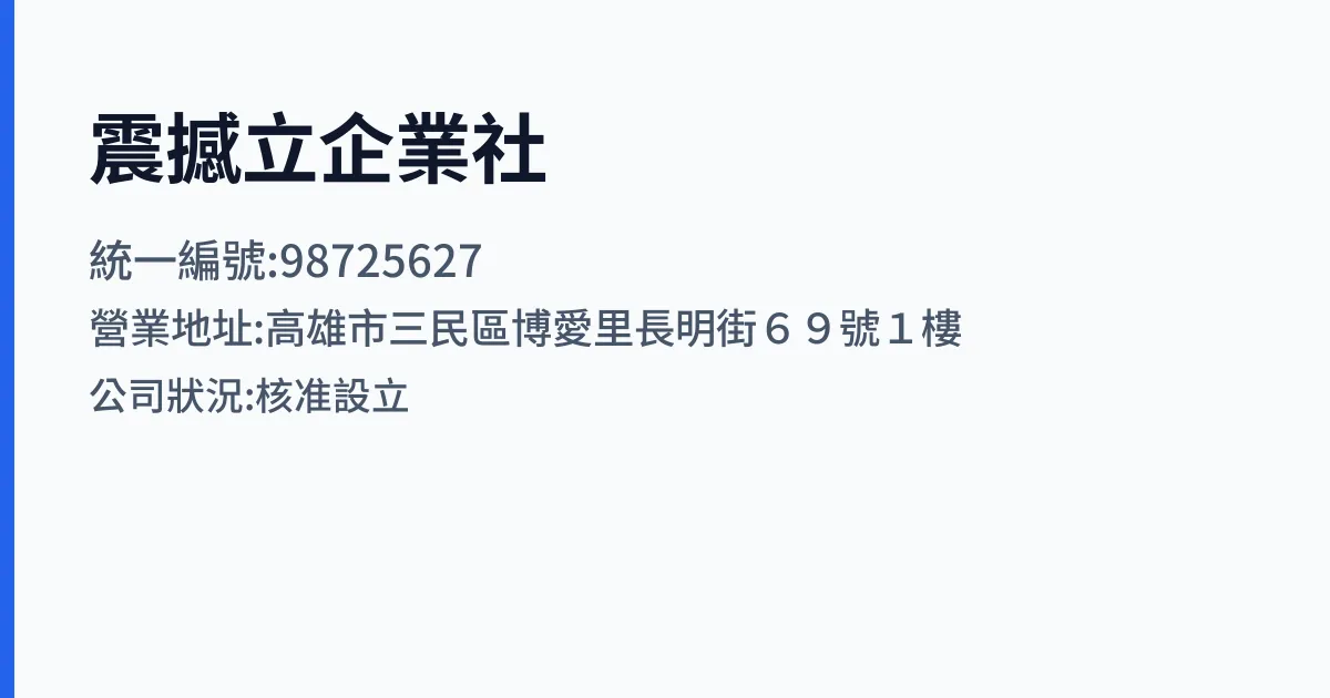 震撼立企業社 - 統編 98725627(高雄市) 公司登記資料與營業項目詳細圖表