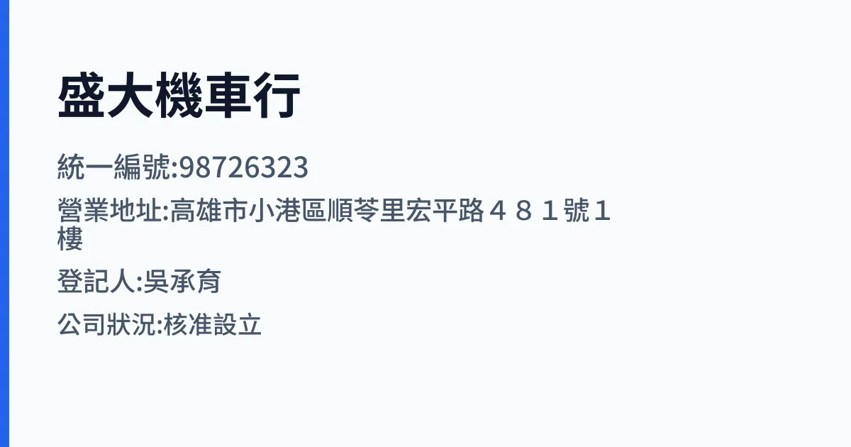 盛大機車行 - 統編 98726323(高雄市) 公司登記資料與營業項目詳細圖表