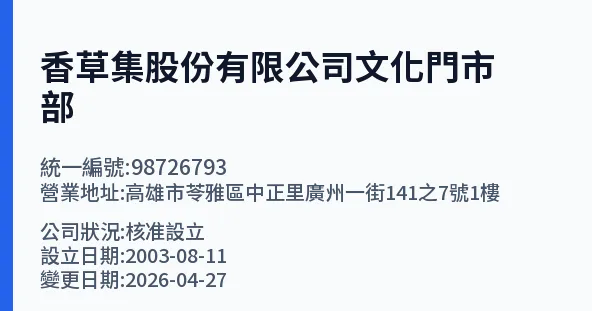 香草集股份有限公司文化門市部的照片-統編 98726793(高雄市) 公司登記資料與營業項目詳細圖表