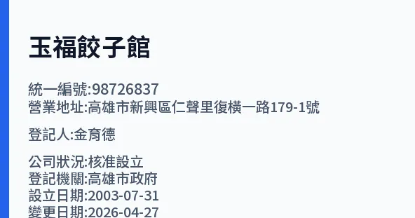 玉福餃子館的照片-統編 98726837(高雄市) 公司登記資料與營業項目詳細圖表