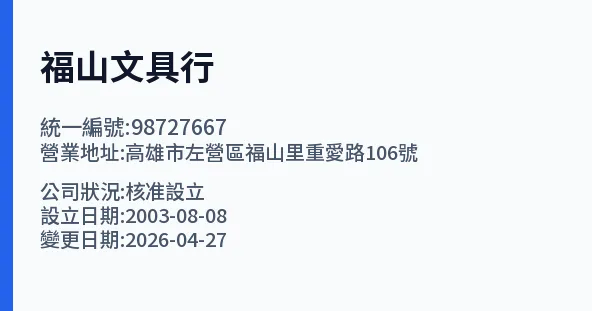 福山文具行的照片-統編 98727667(高雄市) 公司登記資料與營業項目詳細圖表