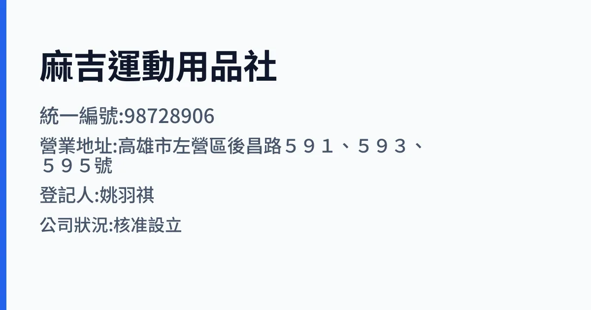 麻吉運動用品社 - 統編 98728906(高雄市) 公司登記資料與營業項目詳細圖表
