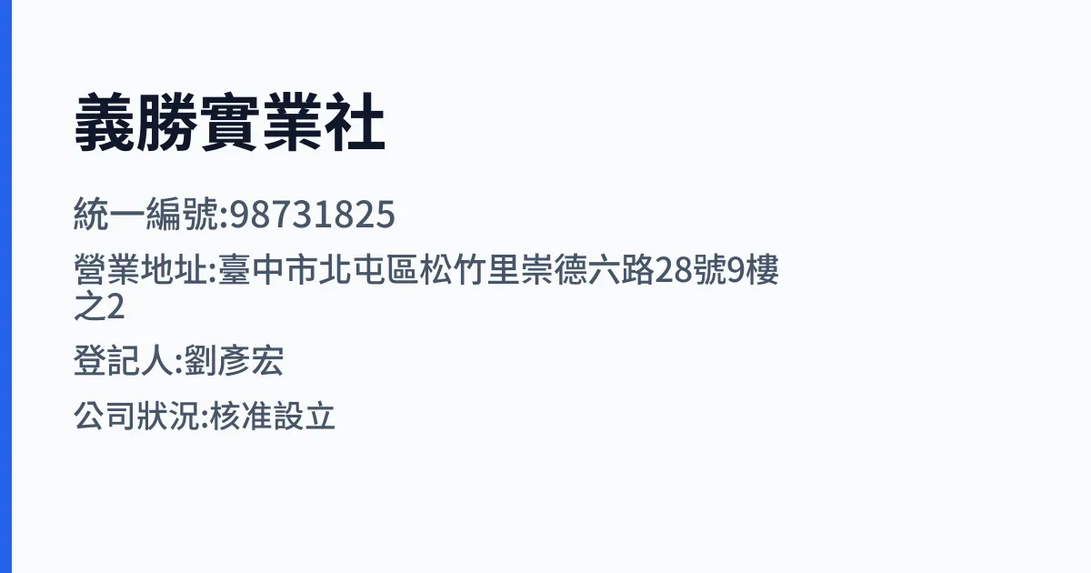 義勝實業社 - 統編 98731825(臺中市) 公司登記資料與營業項目詳細圖表