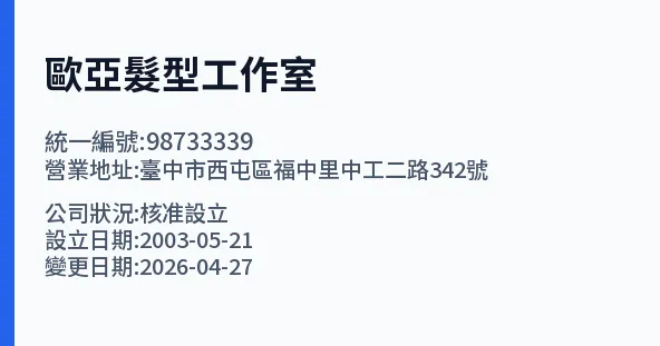 歐亞髮型工作室的照片-統編 98733339(臺中市) 公司登記資料與營業項目詳細圖表