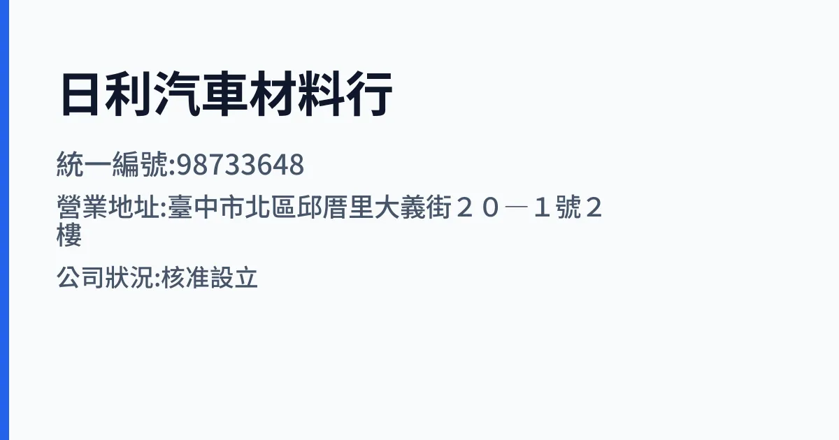 日利汽車材料行 - 統編 98733648(臺中市) 公司登記資料與營業項目詳細圖表