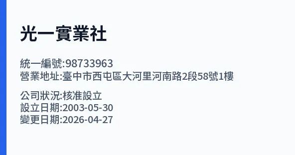 光一實業社的照片-統編 98733963(臺中市) 公司登記資料與營業項目詳細圖表