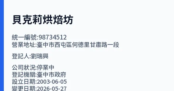 貝克莉烘焙坊的照片-統編 98734512(臺中市) 公司登記資料與營業項目詳細圖表