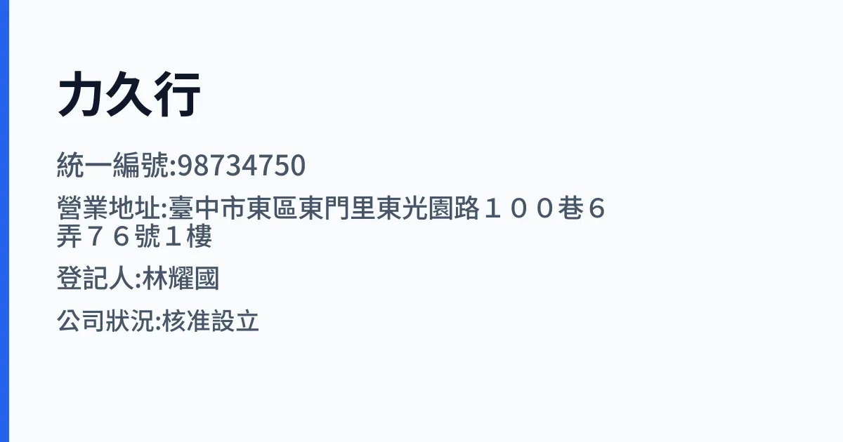 力久行 - 統編 98734750(臺中市) 公司登記資料與營業項目詳細圖表