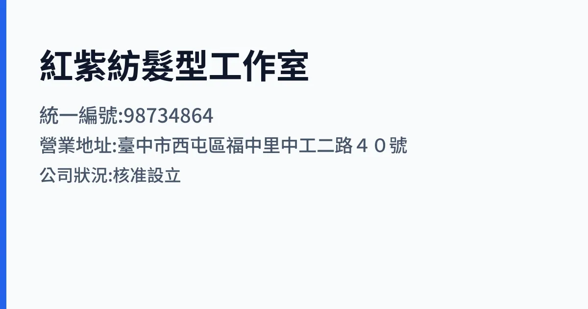 紅紫紡髮型工作室 - 統編 98734864(臺中市) 公司登記資料與營業項目詳細圖表