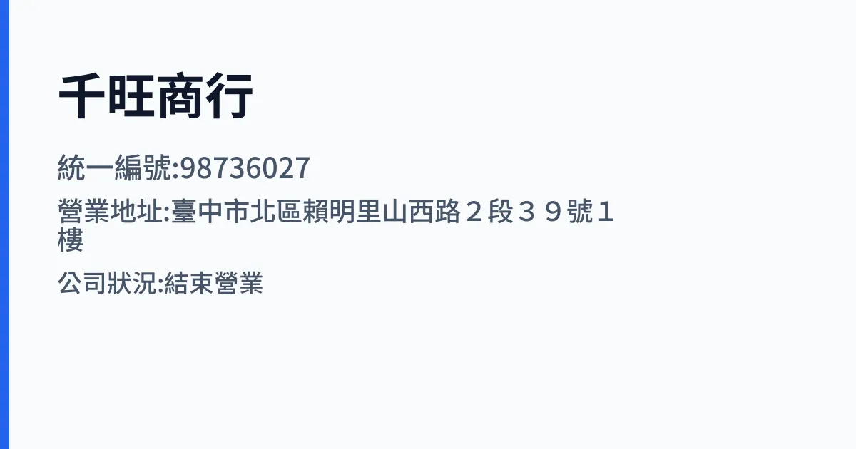 千旺商行 - 統編 98736027(臺中市) 公司登記資料與營業項目詳細圖表