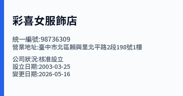 彩喜女服飾店的照片-統編 98736309(臺中市) 公司登記資料與營業項目詳細圖表