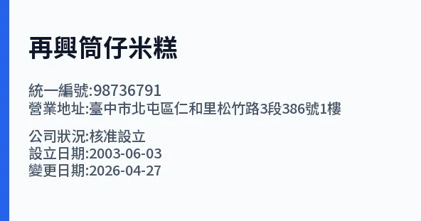 再興筒仔米糕的照片-統編 98736791(臺中市) 公司登記資料與營業項目詳細圖表