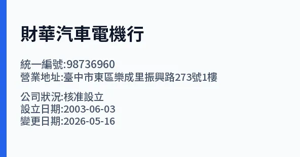 財華汽車電機行的照片-統編 98736960(臺中市) 公司登記資料與營業項目詳細圖表