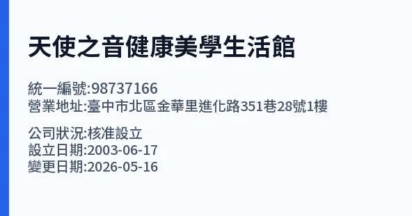天使之音健康美學生活館的照片-統編 98737166(臺中市) 公司登記資料與營業項目詳細圖表