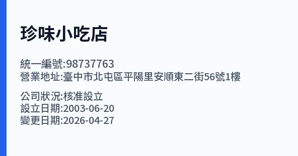 珍味小吃店的照片-統編 98737763(臺中市) 公司登記資料與營業項目詳細圖表