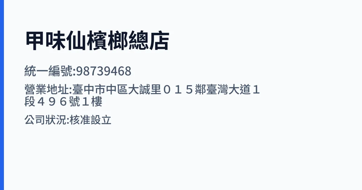 甲味仙檳榔總店 - 統編 98739468(臺中市) 公司登記資料與營業項目詳細圖表