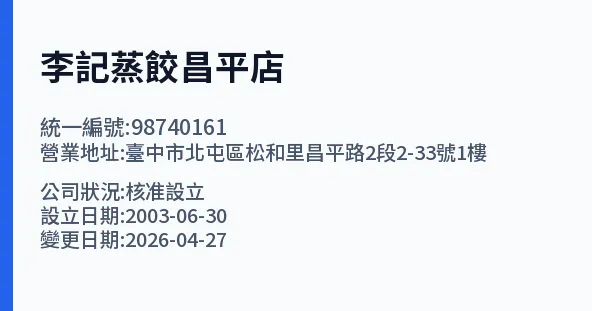 李記蒸餃昌平店的照片-統編 98740161(臺中市) 公司登記資料與營業項目詳細圖表