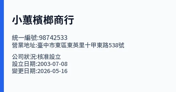 小蕙檳榔商行的照片-統編 98742533(臺中市) 公司登記資料與營業項目詳細圖表
