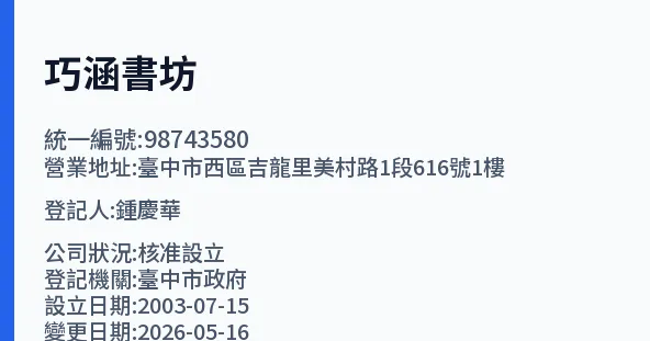 巧涵書坊的照片-統編 98743580(臺中市) 公司登記資料與營業項目詳細圖表