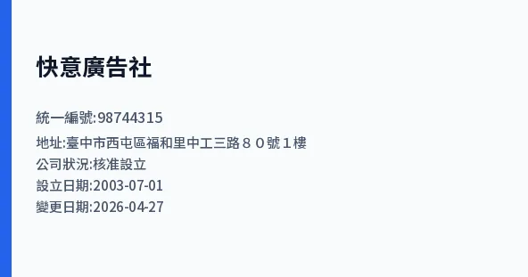 快意廣告社的照片-統編 98744315(臺中市) 公司登記資料與營業項目詳細圖表