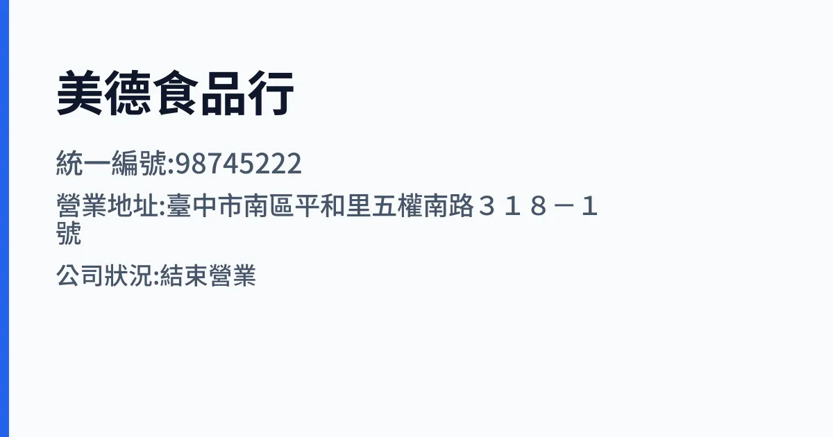 美德食品行 - 統編 98745222(臺中市) 公司登記資料與營業項目詳細圖表