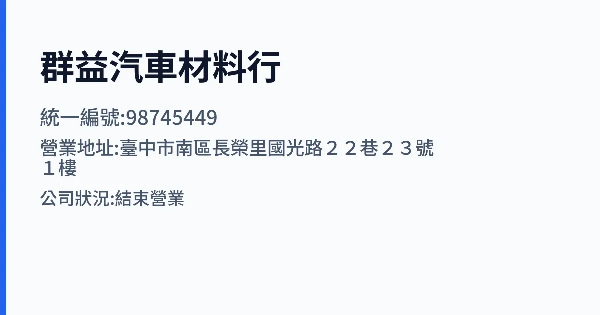 群益汽車材料行 - 統編 98745449(臺中市) 公司登記資料與營業項目詳細圖表