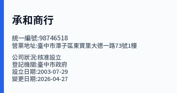 承和商行的照片-統編 98746518(臺中市) 公司登記資料與營業項目詳細圖表