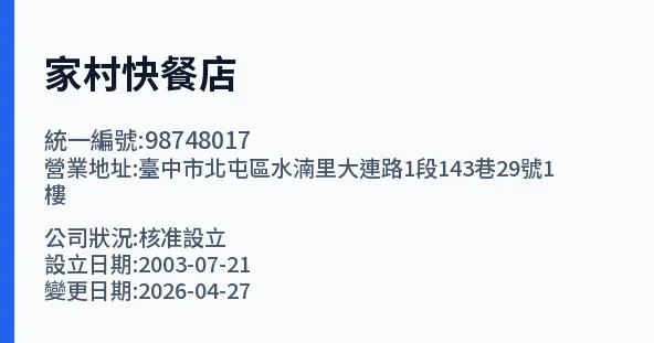 家村快餐店的照片-統編 98748017(臺中市) 公司登記資料與營業項目詳細圖表