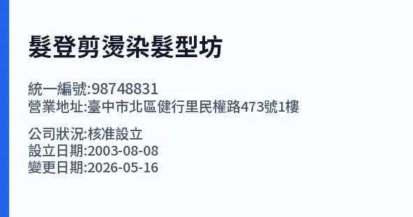 髮登剪燙染髮型坊的照片-統編 98748831(臺中市) 公司登記資料與營業項目詳細圖表