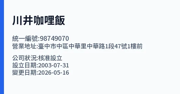 川井咖哩飯的照片-統編 98749070(臺中市) 公司登記資料與營業項目詳細圖表