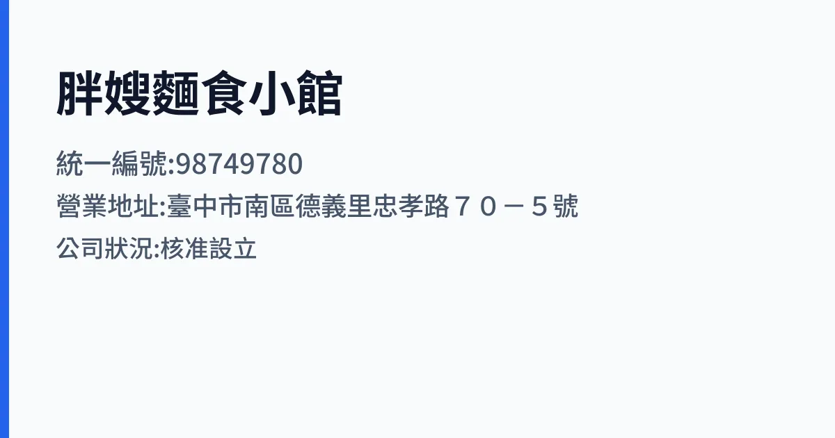 胖嫂麵食小館 - 統編 98749780(臺中市) 公司登記資料與營業項目詳細圖表