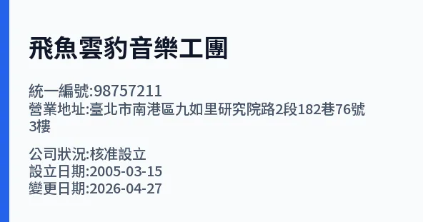 飛魚雲豹音樂工團的照片-統編 98757211(臺北市) 公司登記資料與營業項目詳細圖表