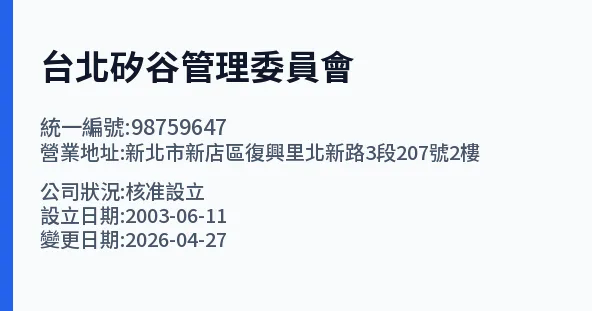 台北矽谷管理委員會的照片-統編 98759647(新北市) 公司登記資料與營業項目詳細圖表