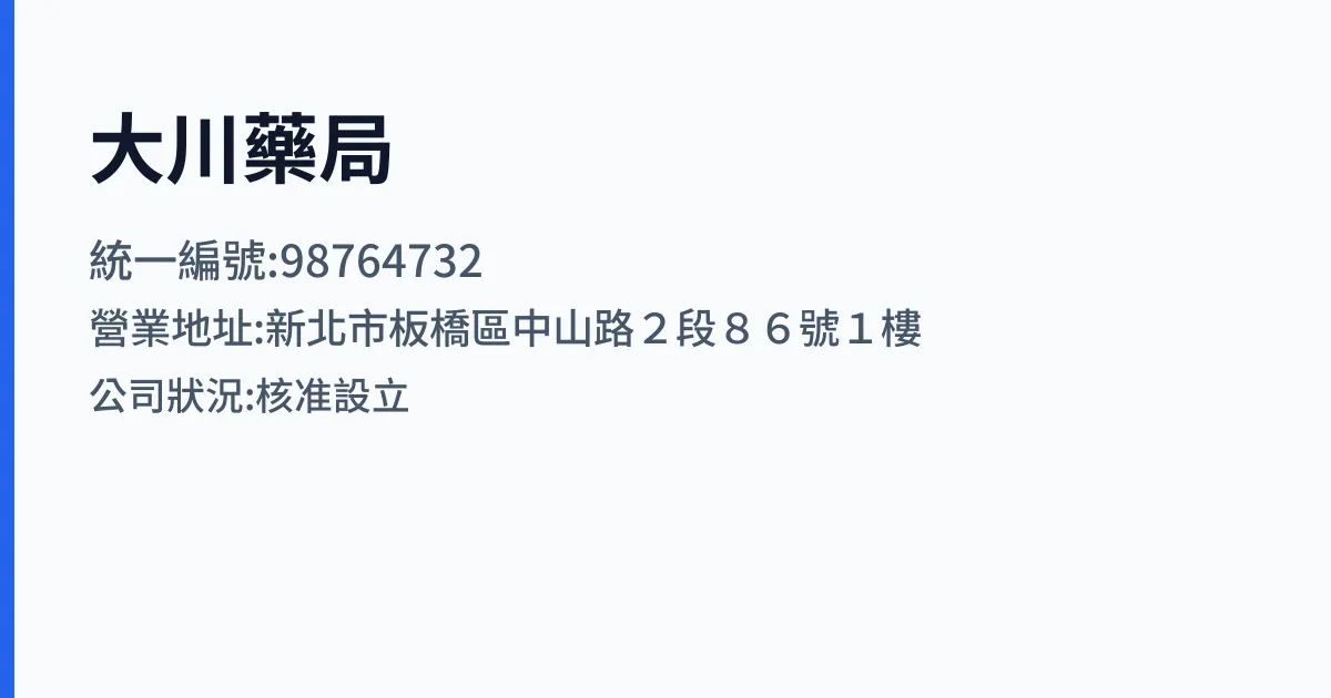 大川藥局 - 統編 98764732(新北市) 公司登記資料與營業項目詳細圖表