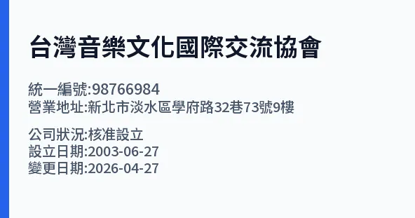 台灣音樂文化國際交流協會的照片-統編 98766984(新北市) 公司登記資料與營業項目詳細圖表