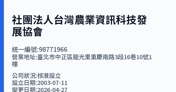 社團法人台灣農業資訊科技發展協會的照片-統編 98771966(臺北市) 公司登記資料與營業項目詳細圖表