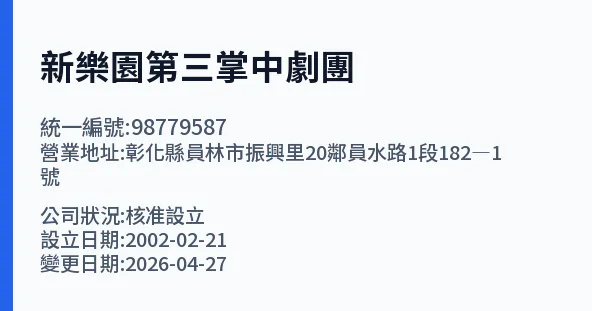 新樂園第三掌中劇團的照片-統編 98779587(彰化縣) 公司登記資料與營業項目詳細圖表
