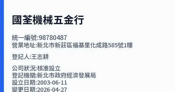 國荃機械五金行的照片-統編 98780487(新北市) 公司登記資料與營業項目詳細圖表
