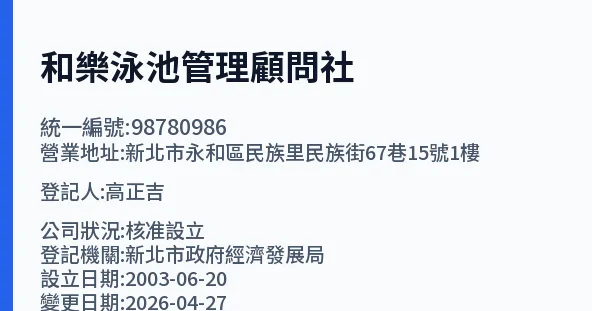 和樂泳池管理顧問社的照片-統編 98780986(新北市) 公司登記資料與營業項目詳細圖表