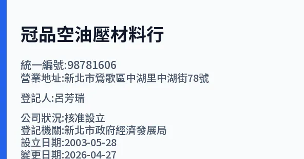 冠品空油壓材料行的照片-統編 98781606(新北市) 公司登記資料與營業項目詳細圖表