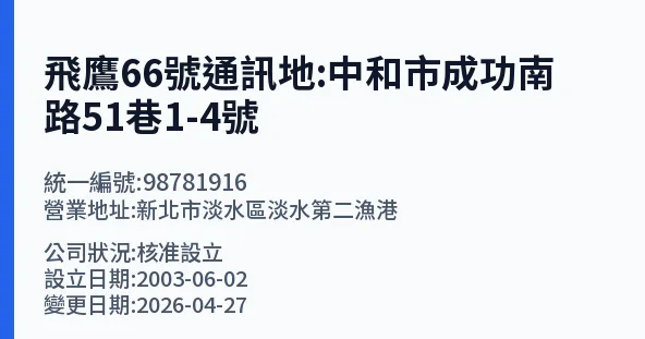 飛鷹66號通訊地:中和市成功南路51巷1-4號的照片-統編 98781916(新北市) 公司登記資料與營業項目詳細圖表