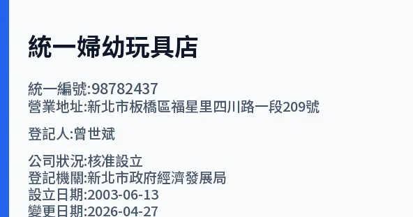 統一婦幼玩具店的照片-統編 98782437(新北市) 公司登記資料與營業項目詳細圖表