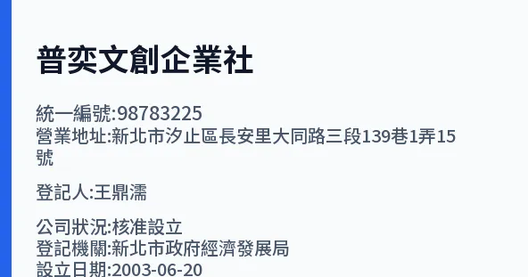普奕文創企業社的照片-統編 98783225(新北市) 公司登記資料與營業項目詳細圖表
