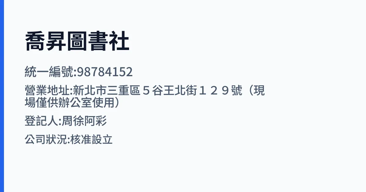 喬昇圖書社 - 統編 98784152(新北市) 公司登記資料與營業項目詳細圖表